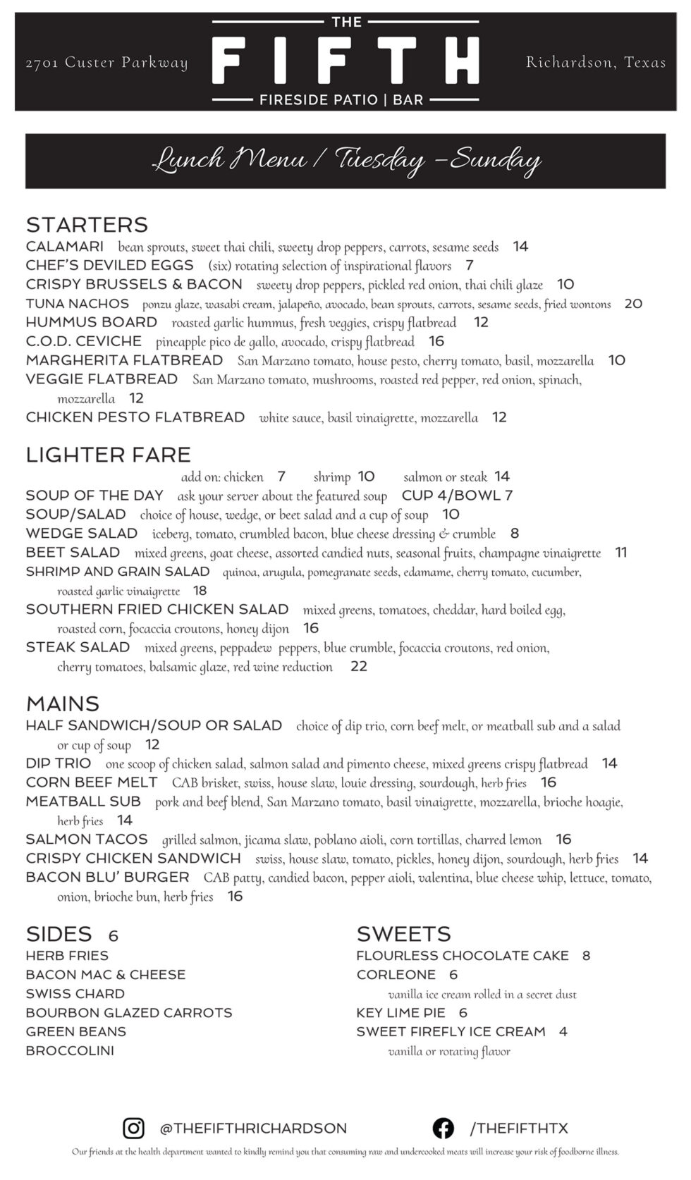 Menus | The Fifth Fireside Patio | Bar